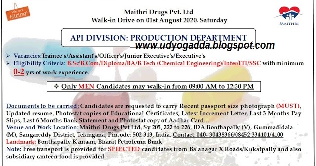 UDYOG ADDA: Maithri Drugs Pvt. Ltd Walk-In Drive for Freshers & Experienced | Multiple Positions ...