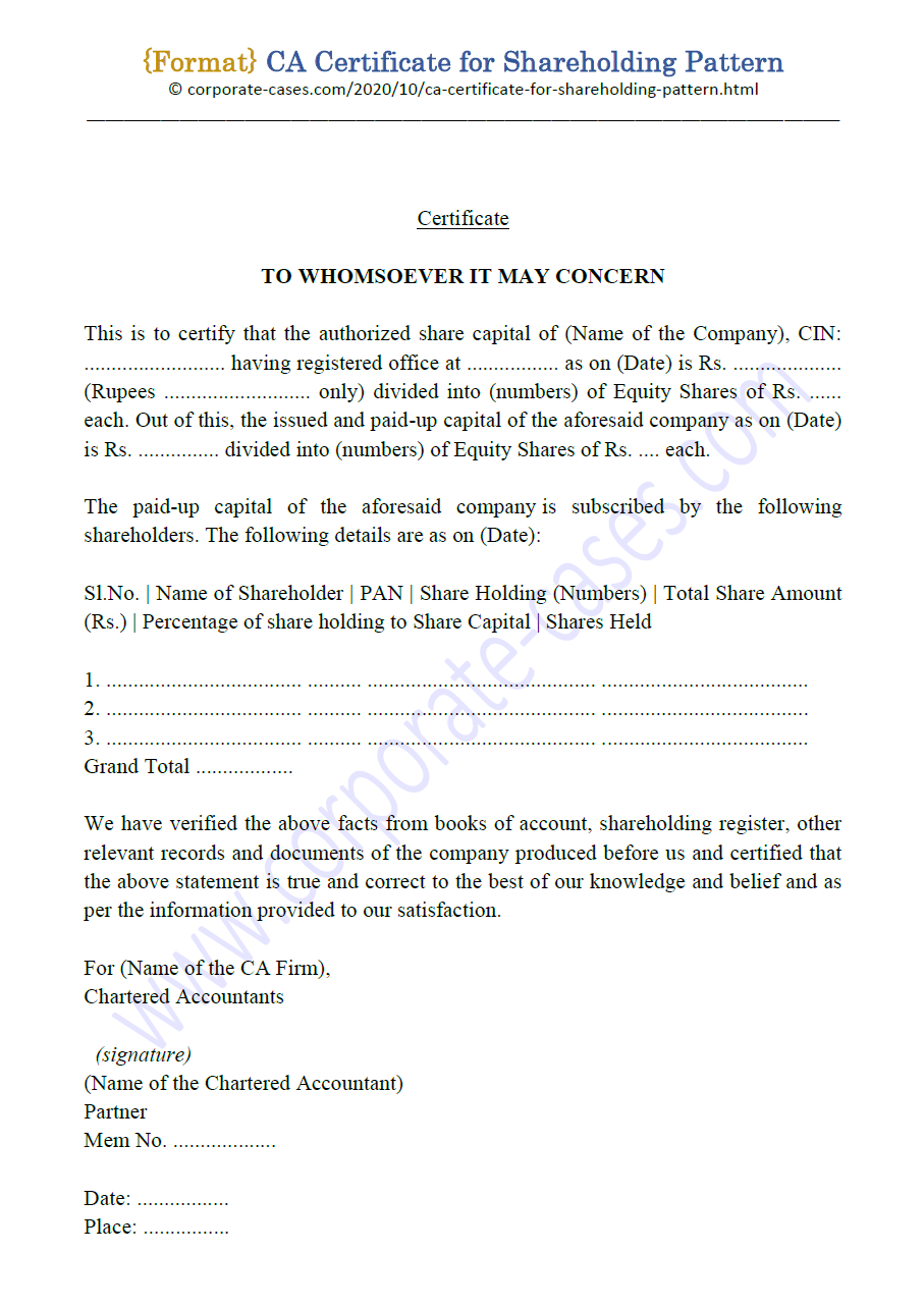 CA Certificate for Shareholding Pattern of a Company (Format)
