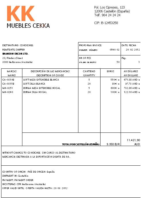 Muebles Cekka: FACTURA PROFORMA