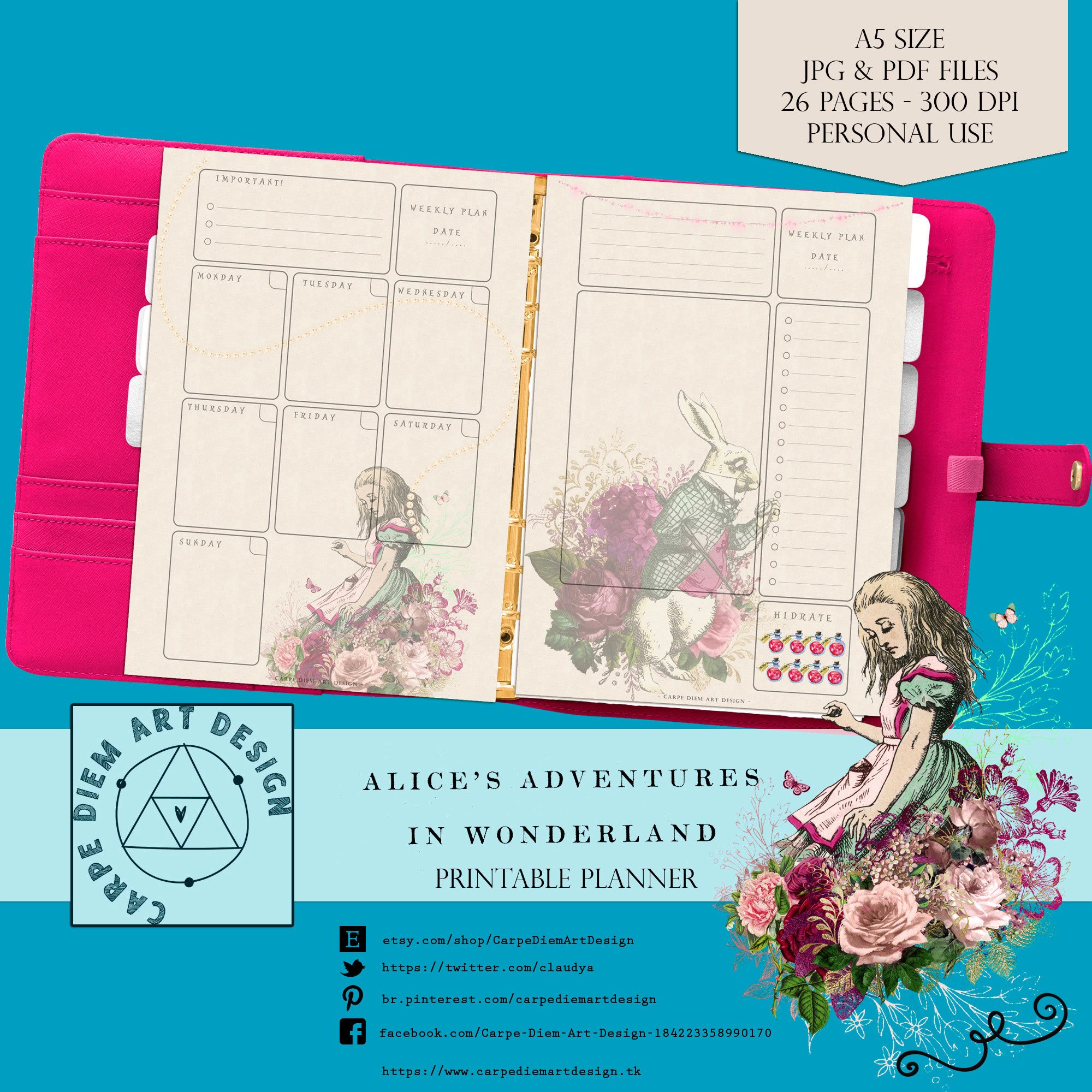 Alice in Wonderland A5 Printable Planner - Carpe Diem Printables & POD ...
