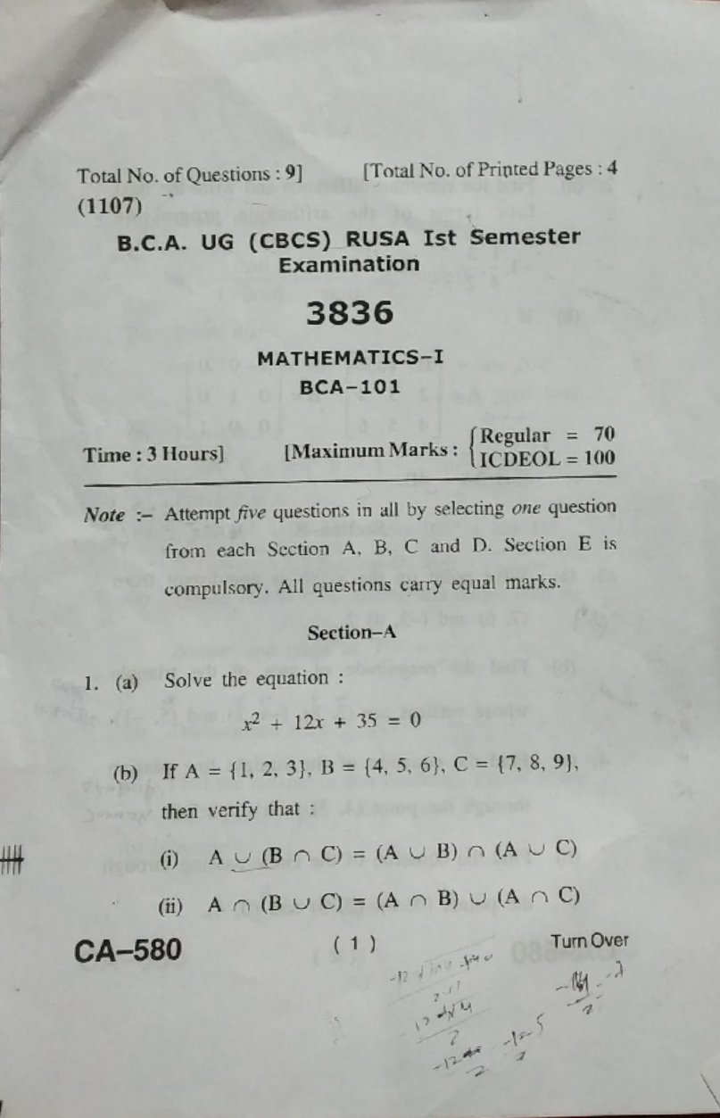 BCA Mathematics Question Paper HPU