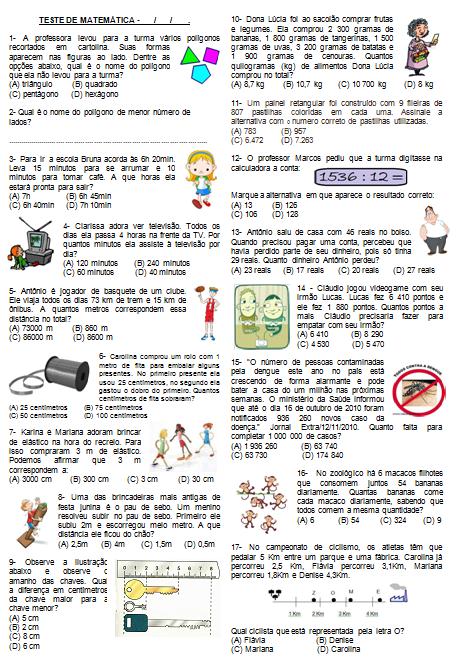 TESTE DE MATEMÁTICA ~ Atividade para imprimir