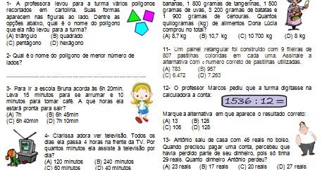 TESTE DE MATEMÁTICA ~ Atividade para imprimir