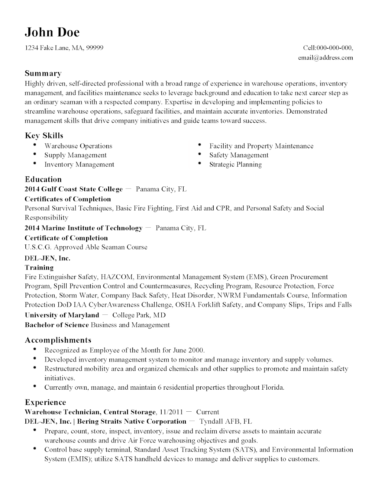 Maintenance Resume Objective Examples