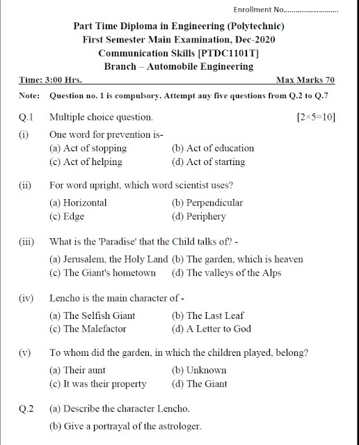 Dr.A.P.J.Abdul Kalam University POLYTECHNIC PART TIME I SEM Automobile Engineering Communication ...