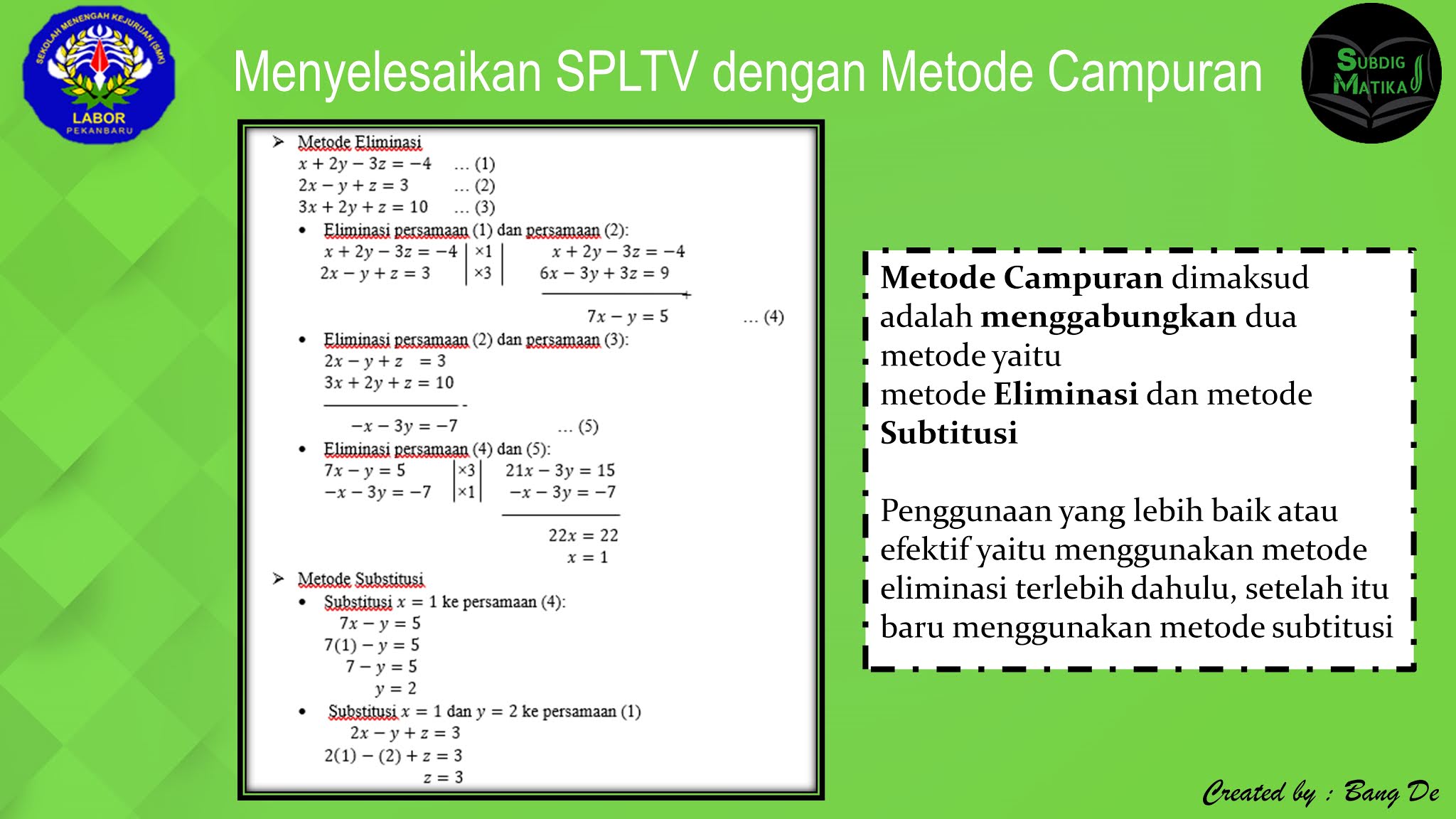 Penyelesaian SPLTV dengan Metode Campuran
