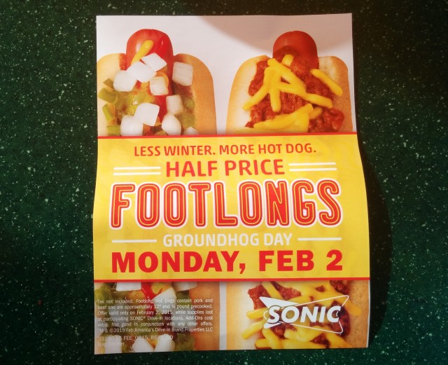 Half-Price Footlong Hot Dogs at Sonic on Groundhog Day