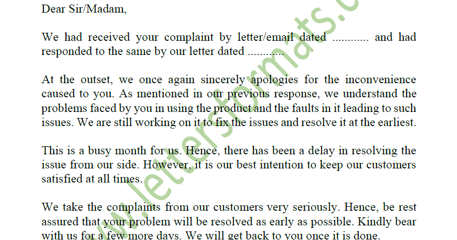 Reassurance Letter to Customer on Complaint to be Resolved