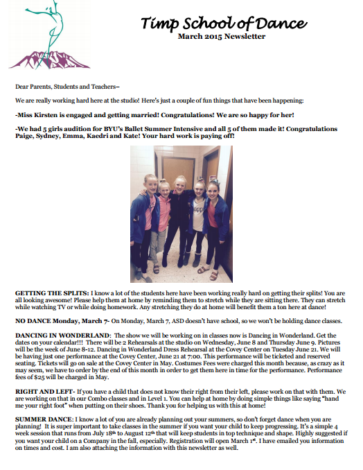 Timp School of Dance: Calendar/Newsletters