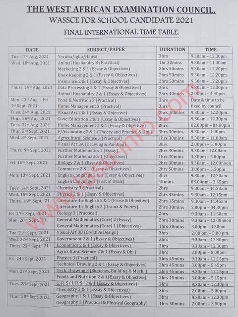 2021 WAEC Timetable for School Candidates [16th Aug - 30th Sept.]