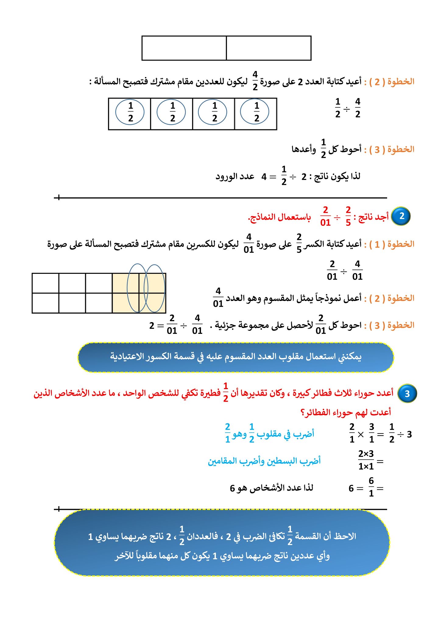 قسمة الكسور الاعتيادية الفصل الثالث رياضيات السادس الابتدائي المنهج