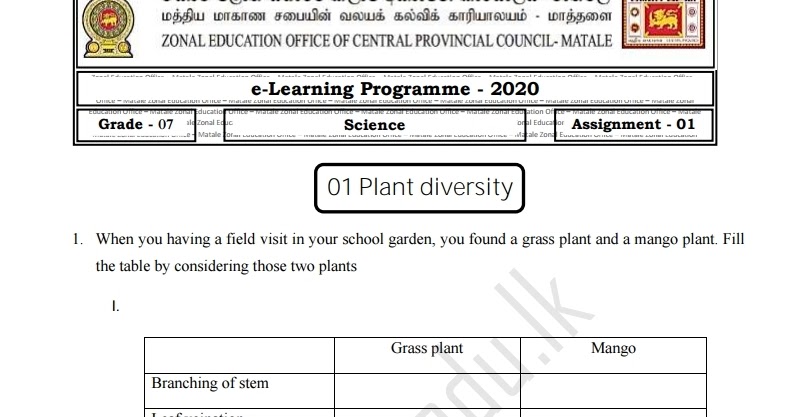 Grade 7 - Science - matale - Assignment