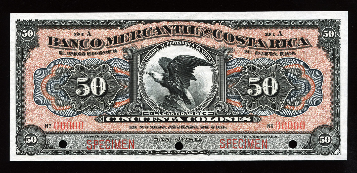 Costa Rica 50 Colones Banknote, El Banco Mercantil de Costa Rica, 1910.