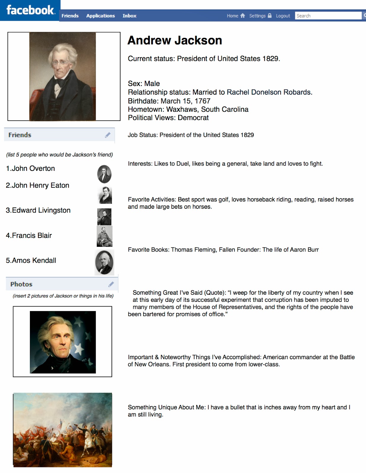 Mrs. Mooney's Teaching World: Andrew Jackson's Facebook Profile