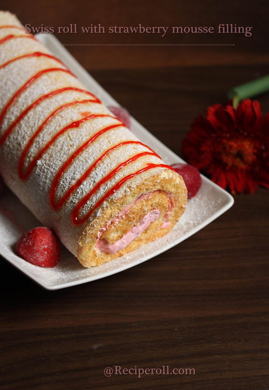 Swiss roll with strawberry mousse filling | Strawberry mousse roulade