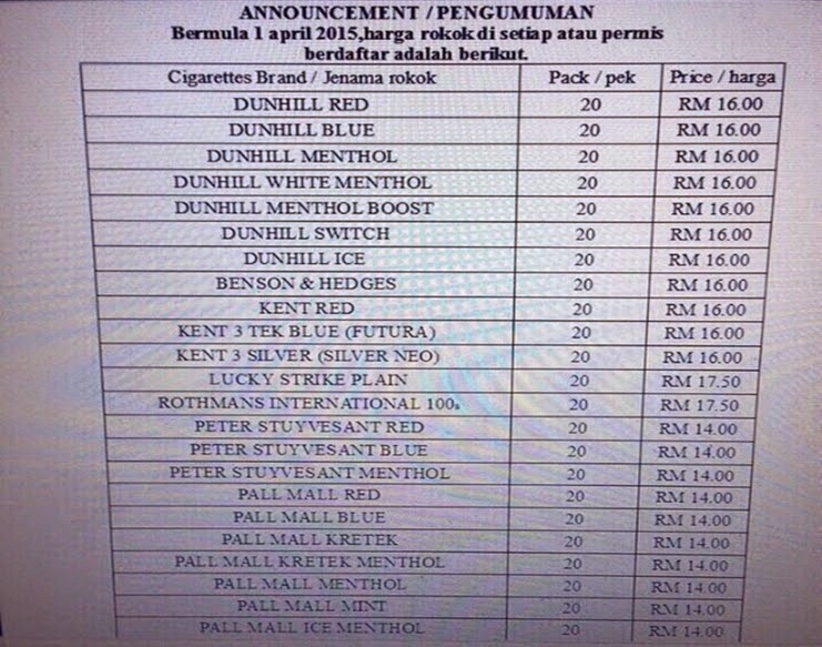Harga Terbaru Rokok Bermula 1 April 2015! - Ceritaejoy
