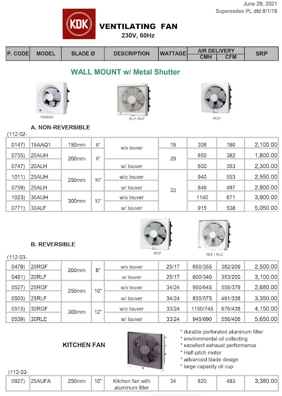 MaximaxSystems.com: KDK VENTILATING FANS PRICE LIST