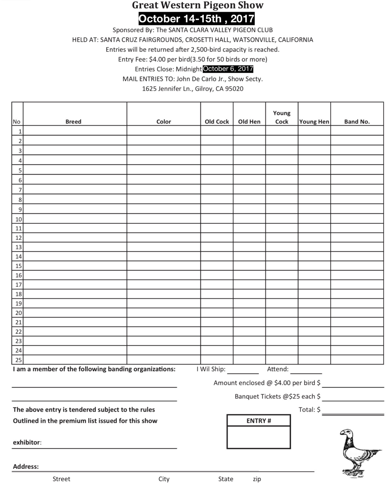 2017 Great Western Pigeon Show entry blank