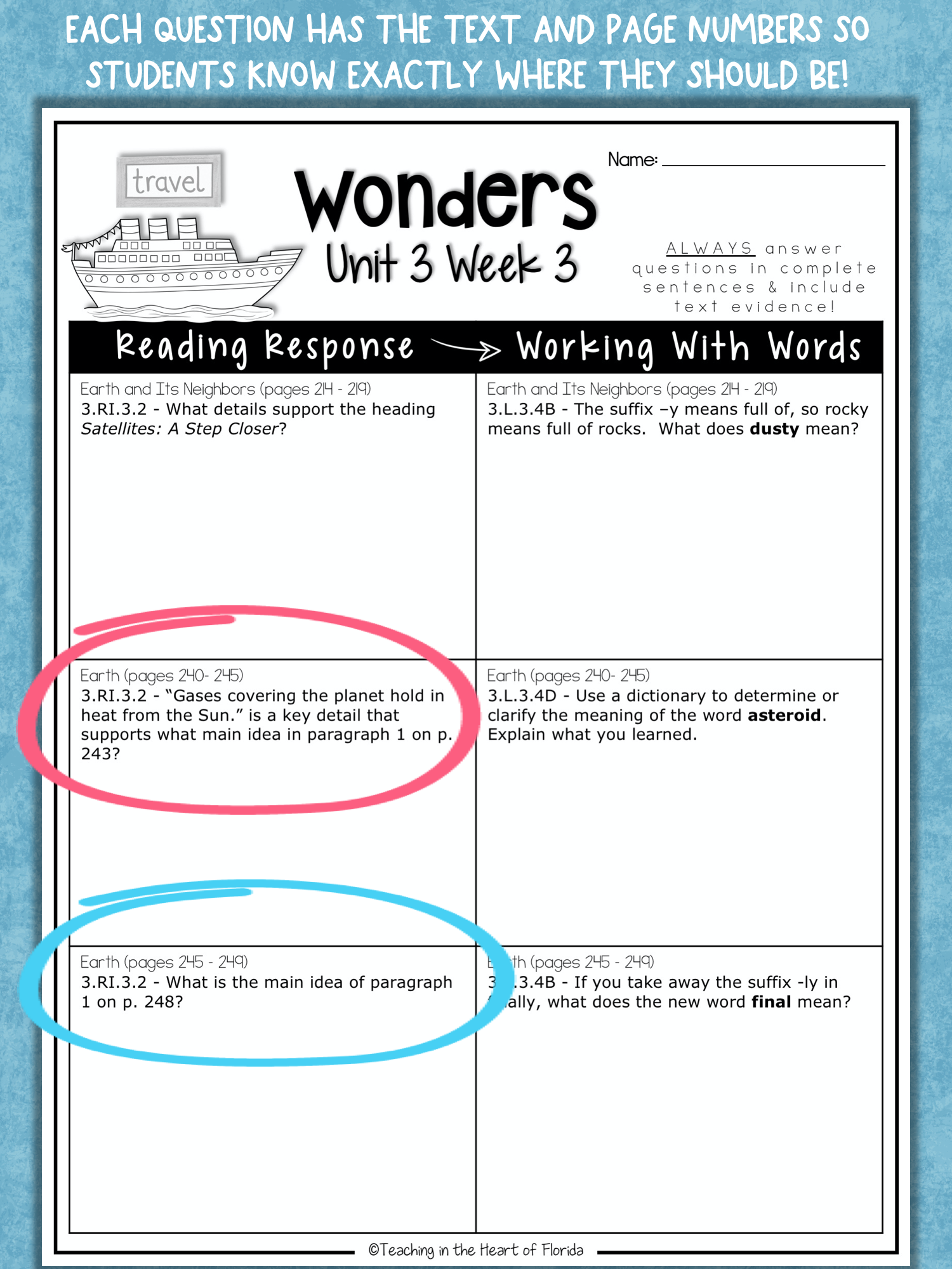 Using Daily Reading Response Questions with Wonders Unit 3 for 3rd ...
