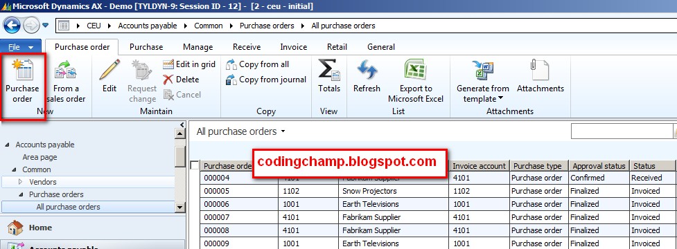 Coding Champ Creating Purchase Order And Invoice In Microsft Dynamics Ax 2012