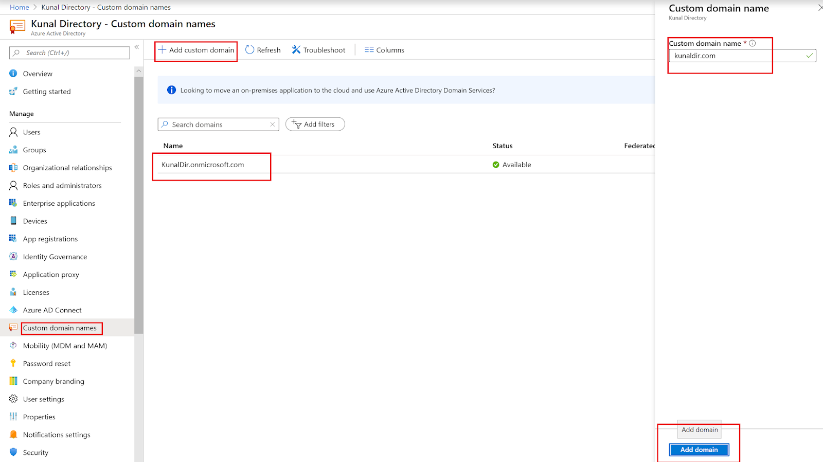 Assign and verify Microsoft Azure AD custom domain using Azure App ...