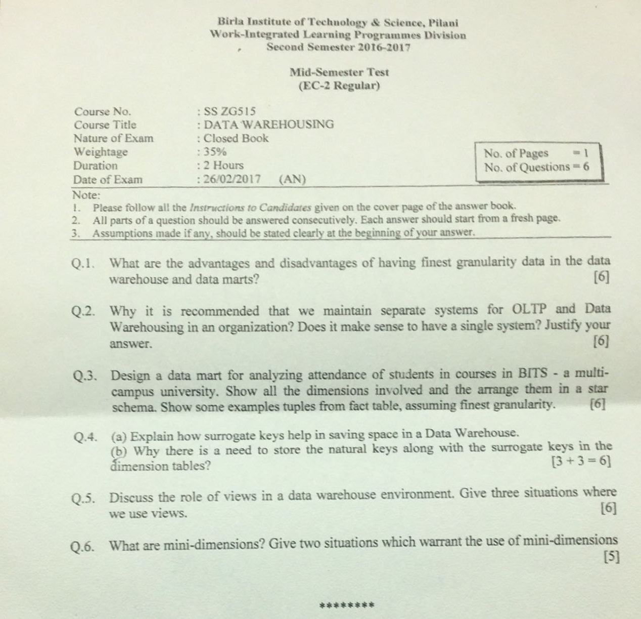 Coding Tech Life Data Warehousing Zg515 Mid Semester Question Paper 2016 2017 Regular Bits