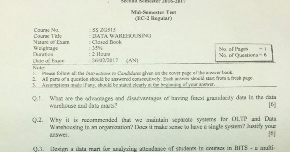 Coding Tech Life: Data Warehousing - ZG515 Mid-Semester Question Paper ...