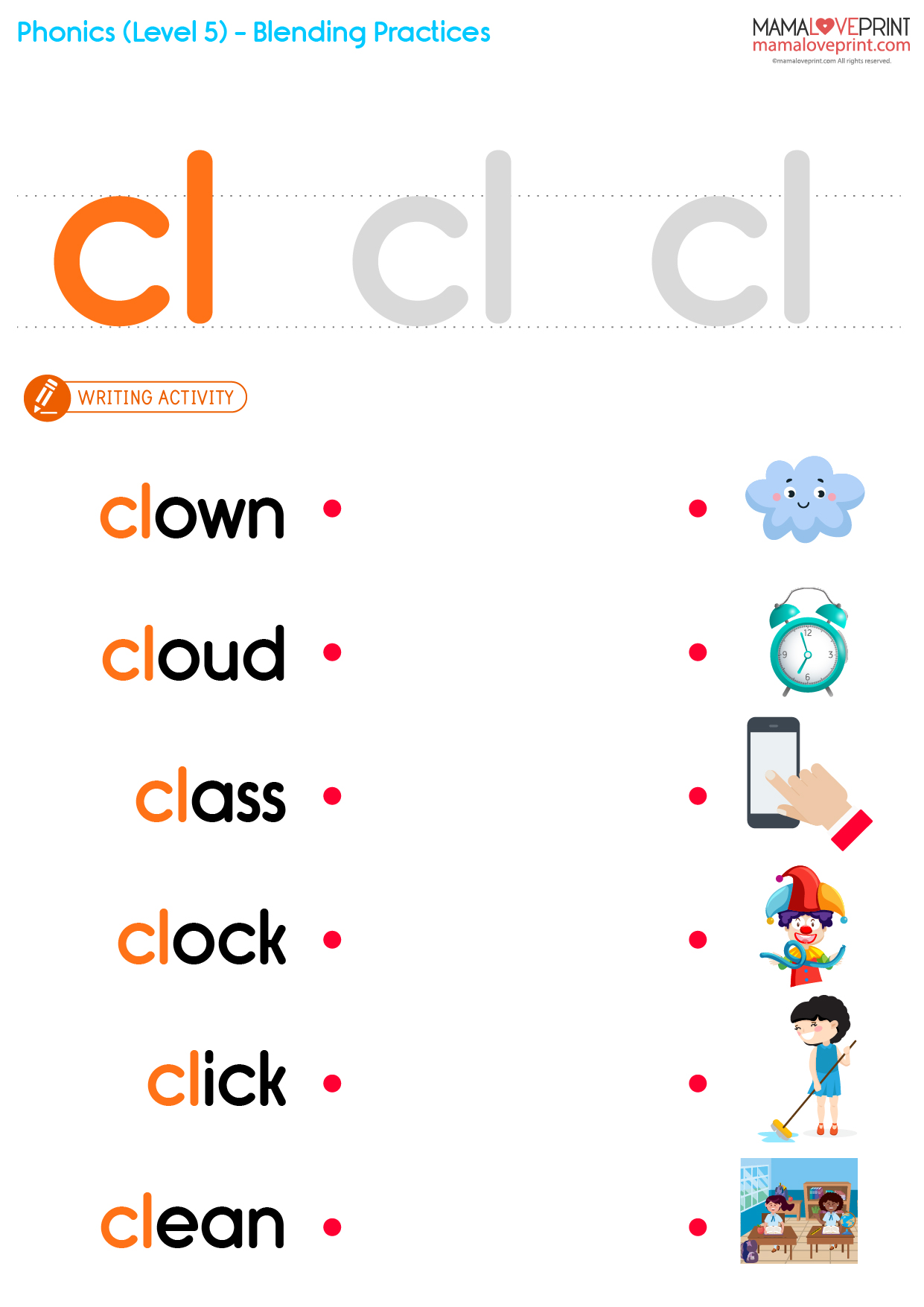 MamaLovePrint . Phonics Worksheet - Level 2.3 L Blending (bl ,cl ,fl ...