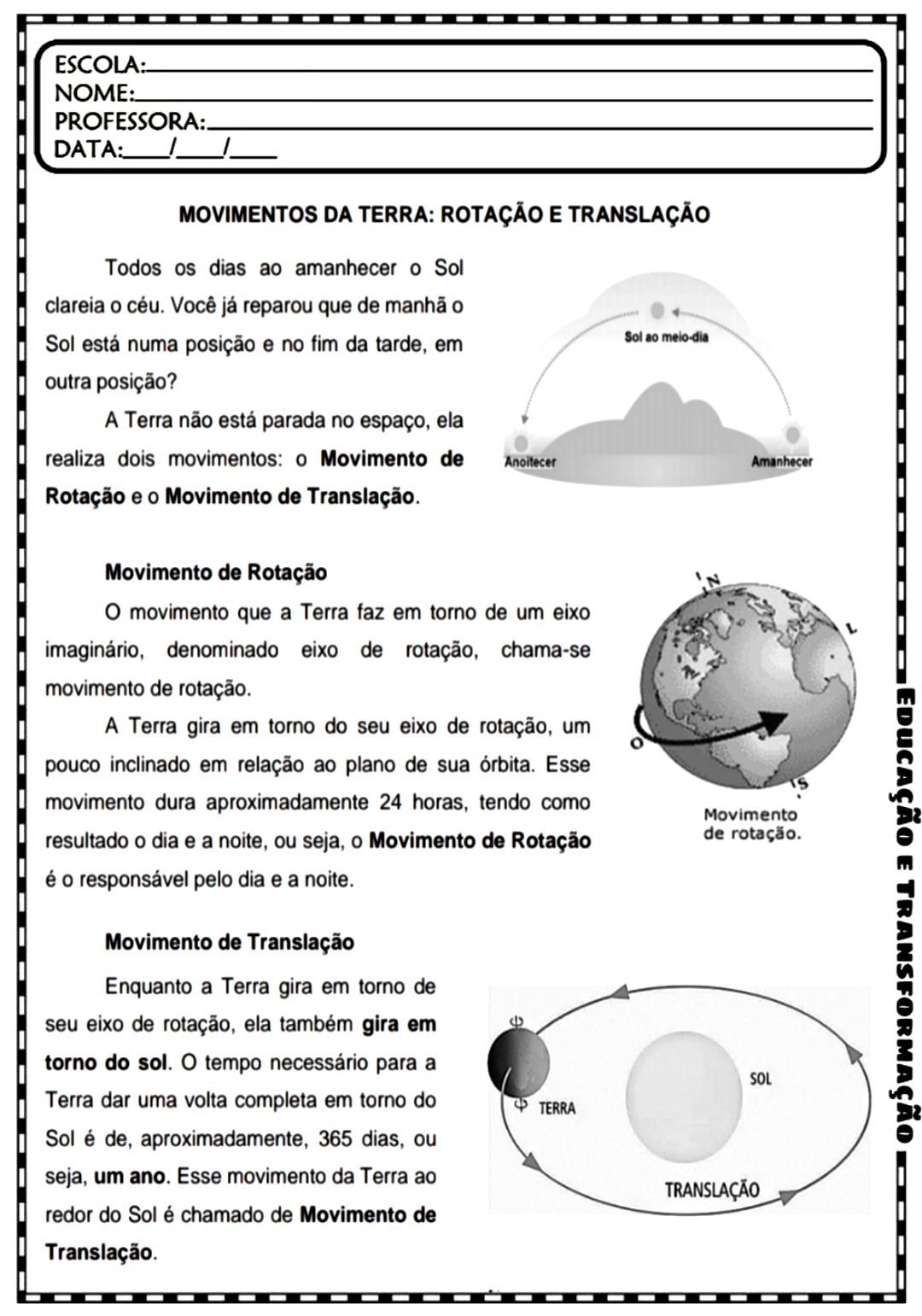 Atividades Sobre Os Movimentos Da Terra - FDPLEARN
