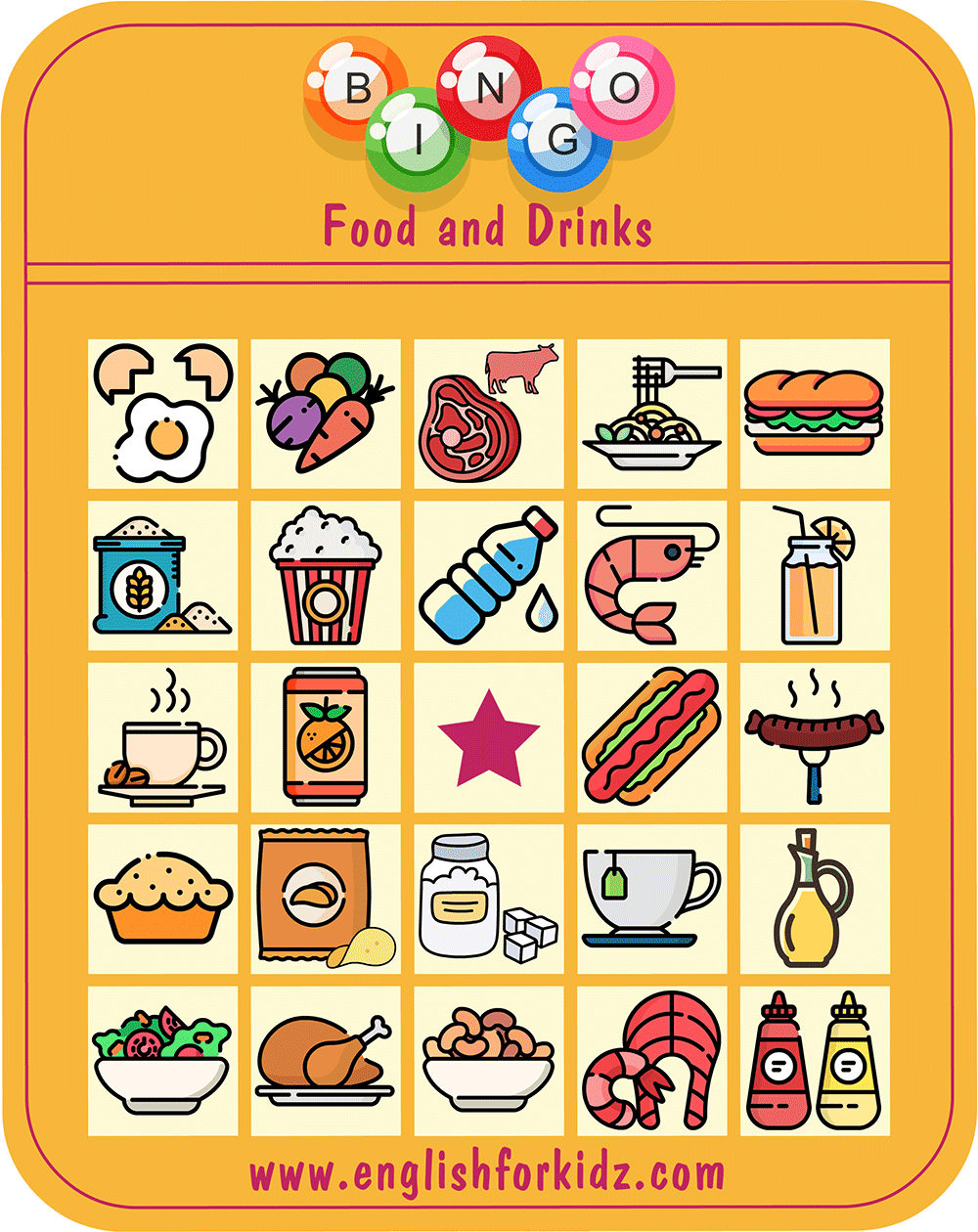 English for Kids Step by Step: Food & Drinks Bingo Game