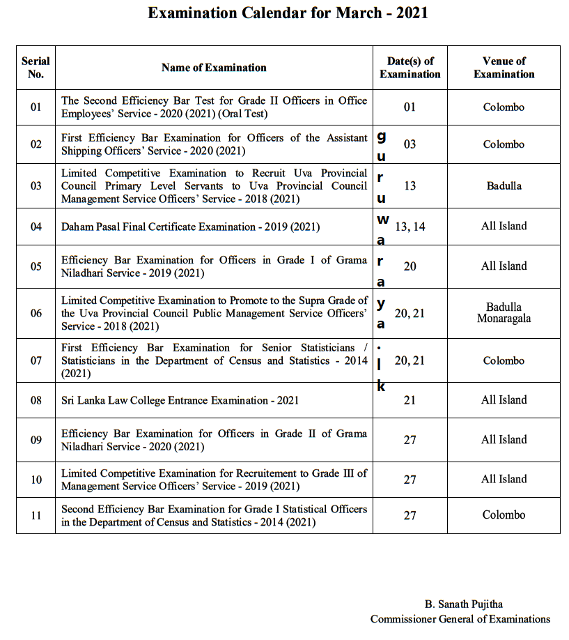 Exam Calendar : March 2021 - Teacher