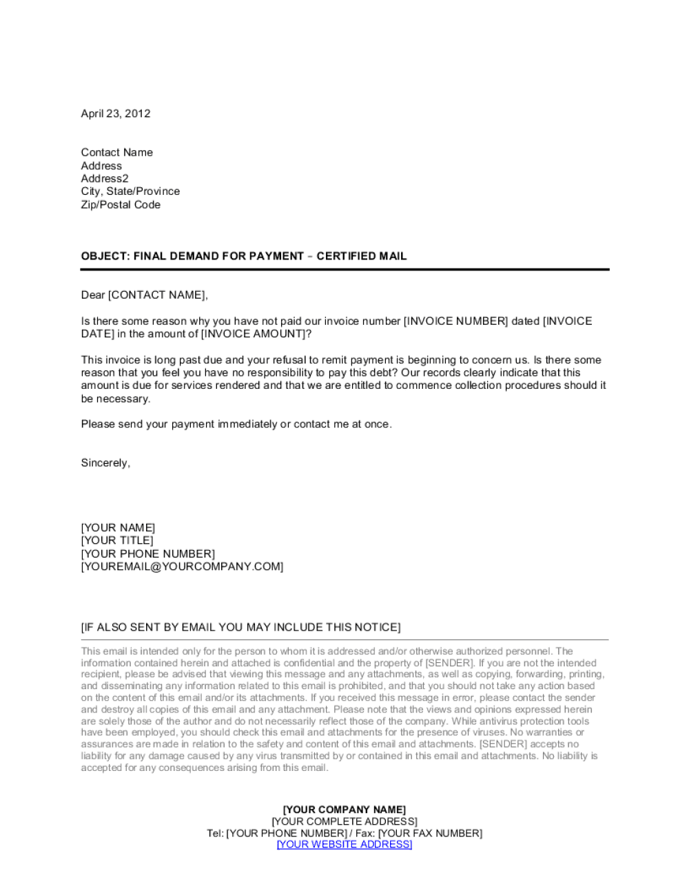 Final Demand For Payment Letter Template ~ Resume Letter