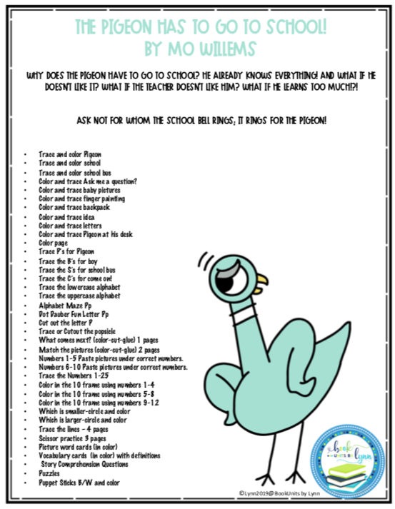 THE PIGEON HAS TO GO TO SCHOOL! ~ Book Units by Lynn