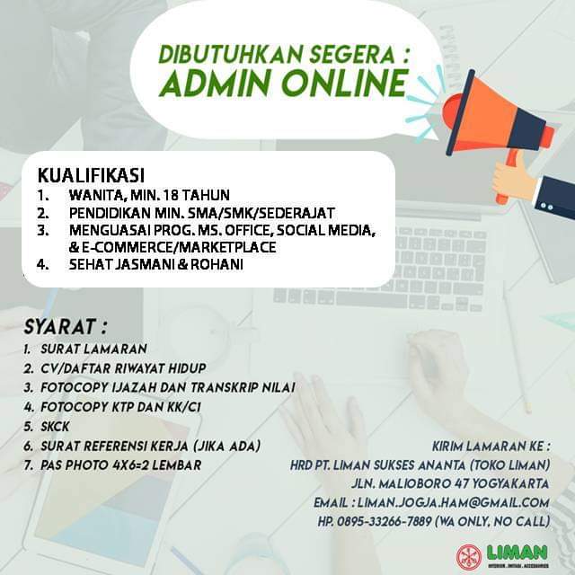 Lowongan Kerja Admin Online (Wanita) Mei 2020 - Liman Jogja - Lowongan ...