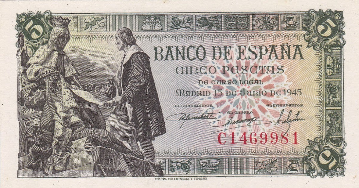 Spain 5 Pesetas banknote 1945|World Banknotes & Coins Pictures | Old ...