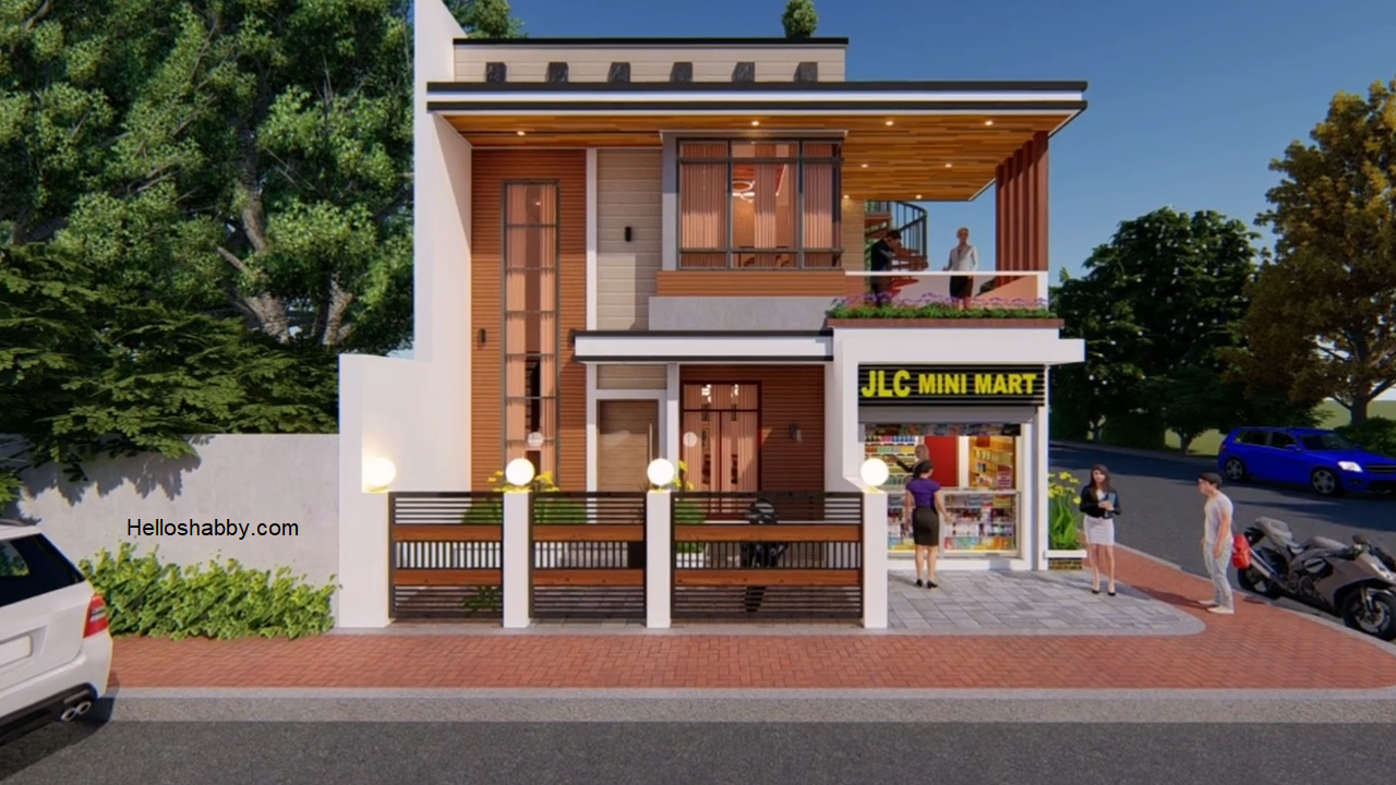 Desain Rumah Modern dengan Toko Ukuran 9.1 x 11 M dengan 3 Kamar Tidur ...
