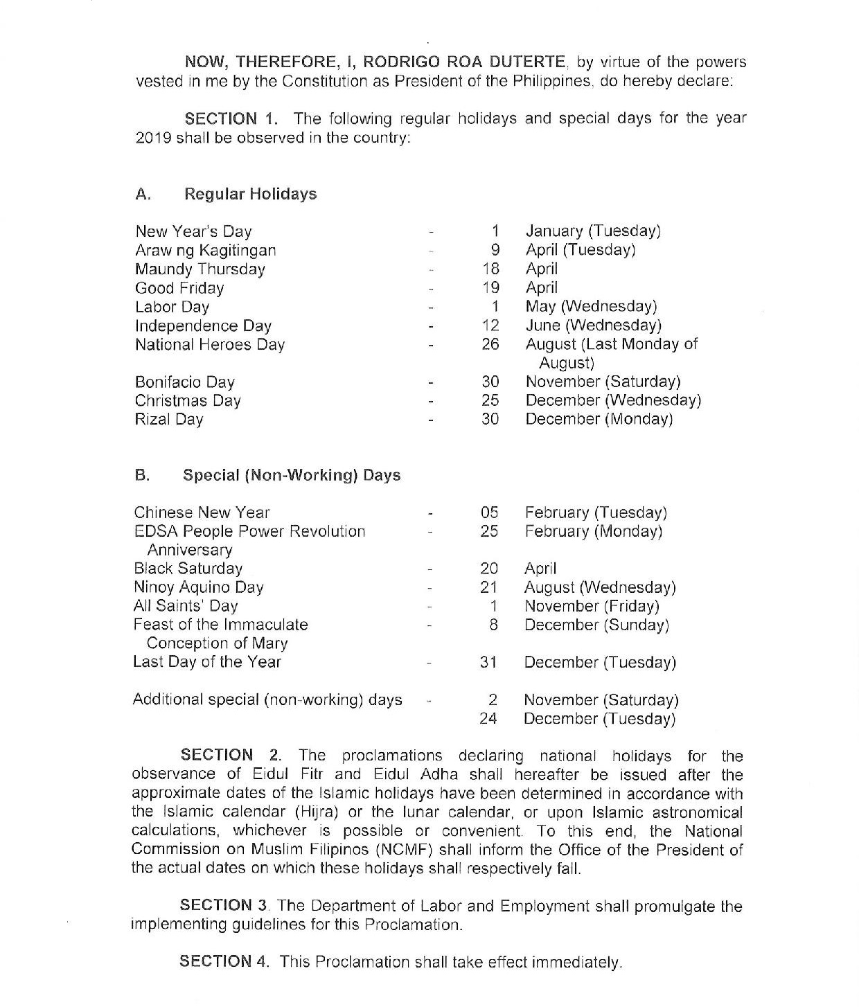 Philippine Holidays: Philippine Holidays 2019 (Proclamation No. 555, S ...