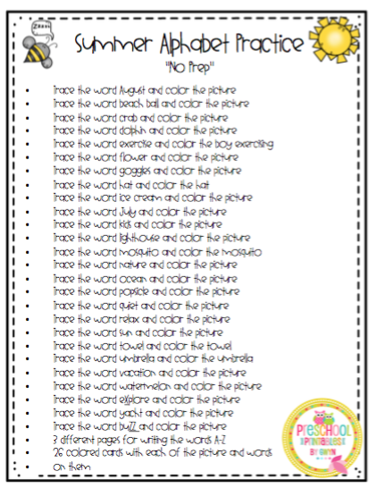 Summer Alphabet Practice "No Prep" ~ Preschool Printables