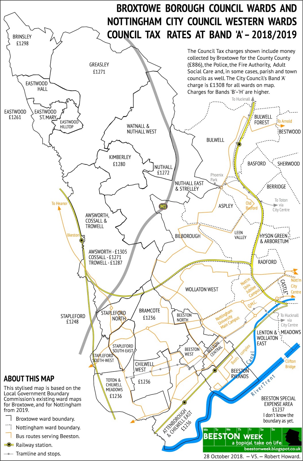 Beeston Week: Map showing Council Tax Band 'A' charges in Broxtowe ...