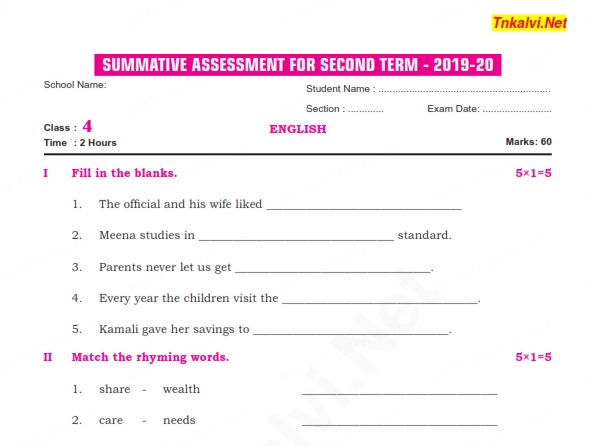 4th Standard - Half Yearly Exam 2019 - Question Paper (SA 60 Marks ...