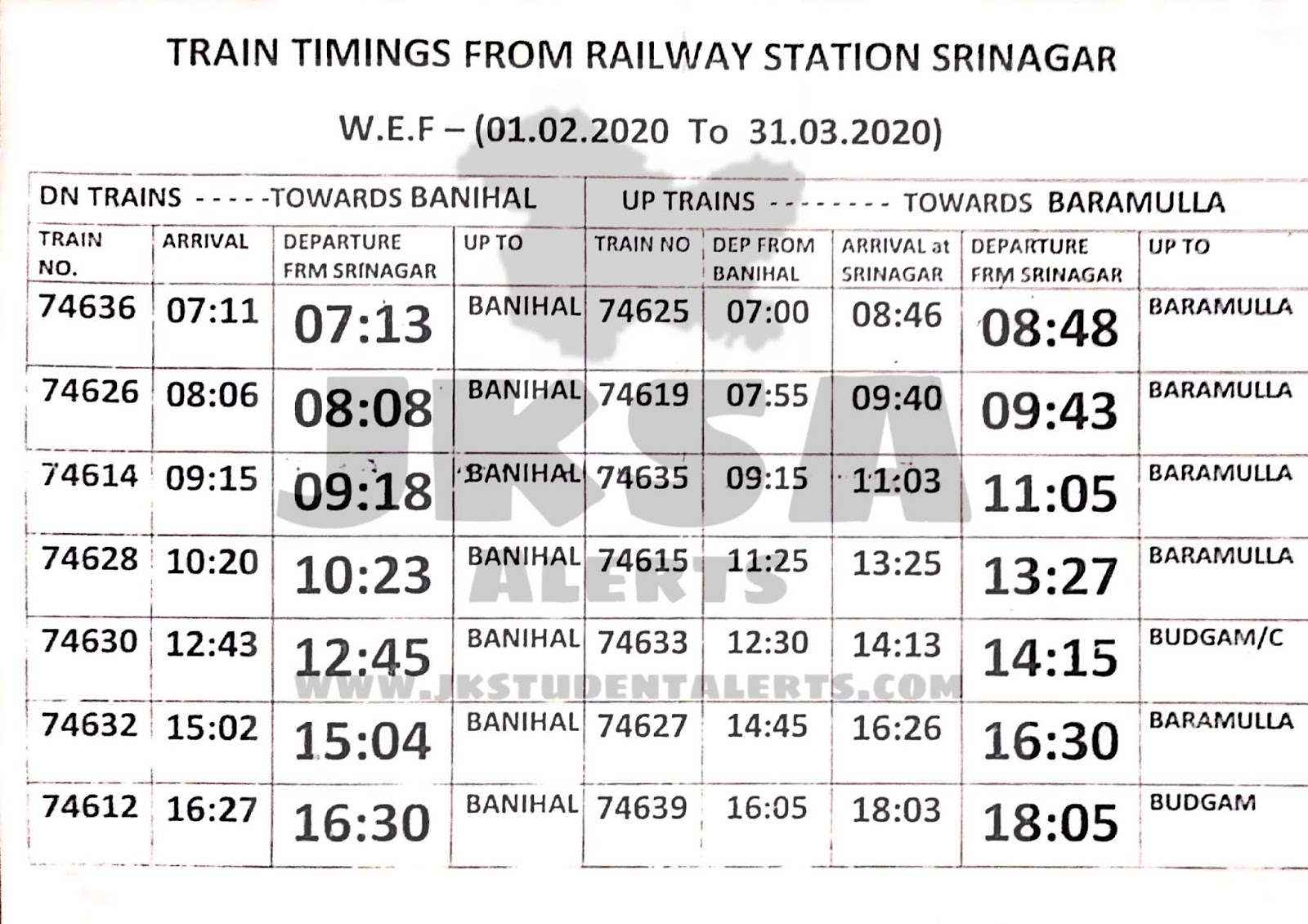 New Railway Timings of Kashmir WEF 01-02-2020 to 31-03-2020 | Railway ...