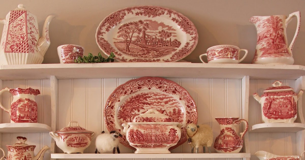 Aiken House & Gardens: Red and White Transferware Display in the Kitchen