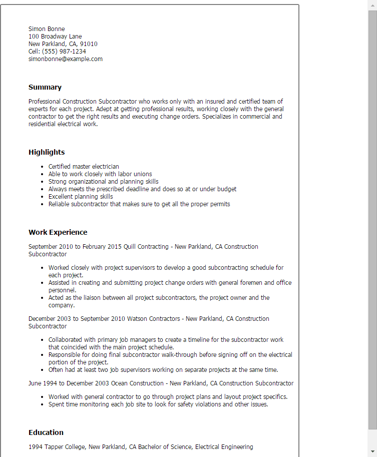 Construction Subcontractor Cover Letter - Invoice Template