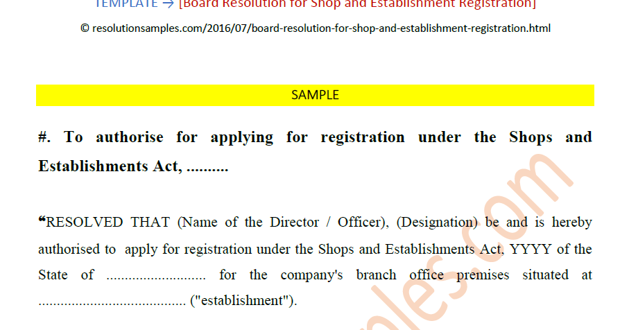 Draft Board Resolution for Shop and Establishment Registration