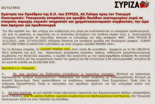 Όταν ο Τσίπρας έκανε επερωτήσεις για την αμαρτωλή Lazard