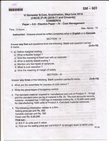 Bangalore University B.Com. COMMERCE PAPER-6.6: ELECTIVE PAPER-IV: COST ...