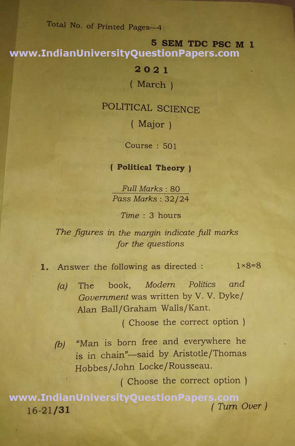 Dibrugarh University B.A 5th Semester Political Science Political ...