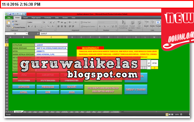 Aplikasi Absensi Guru di Sekolah Format Excel New Update 2016/2017