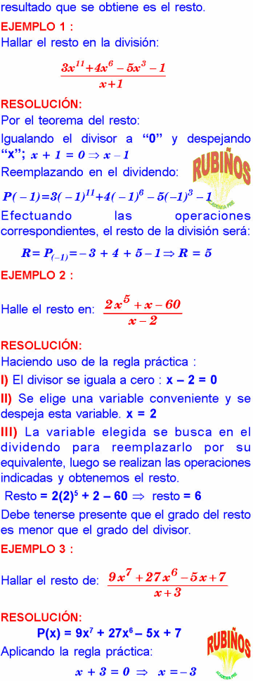 TEOREMA DEL RESIDUO EJEMPLOS Y PROBLEMAS RESUELTOS