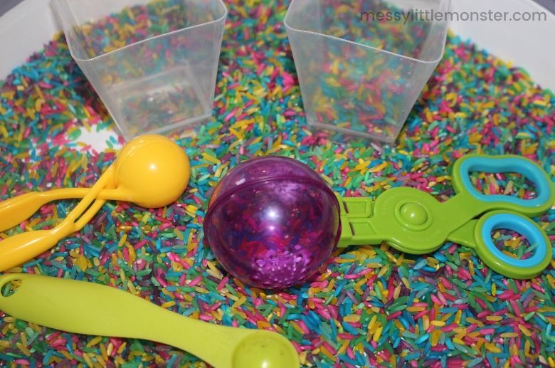 Rainbow Rice Sensory Bin - Messy Little Monster